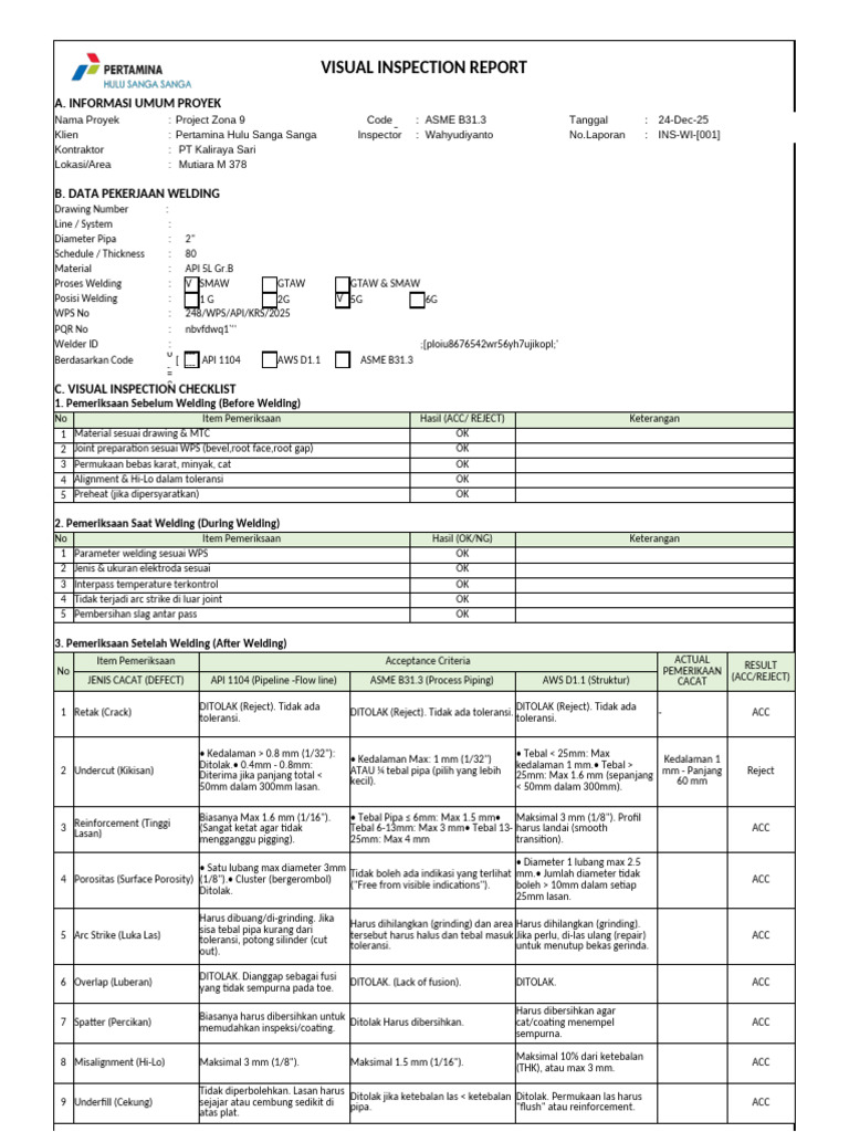 Laporan Inspeksi Visual Welding Zona 9 | PDF