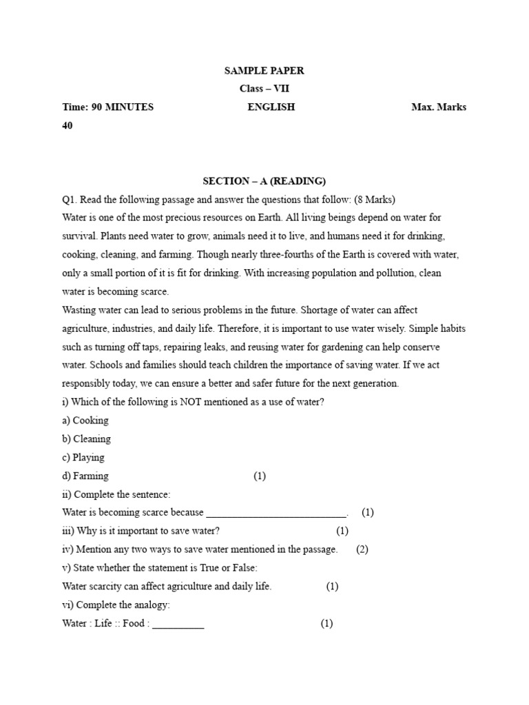 Class VII English Sample Paper | PDF | Water | Agriculture