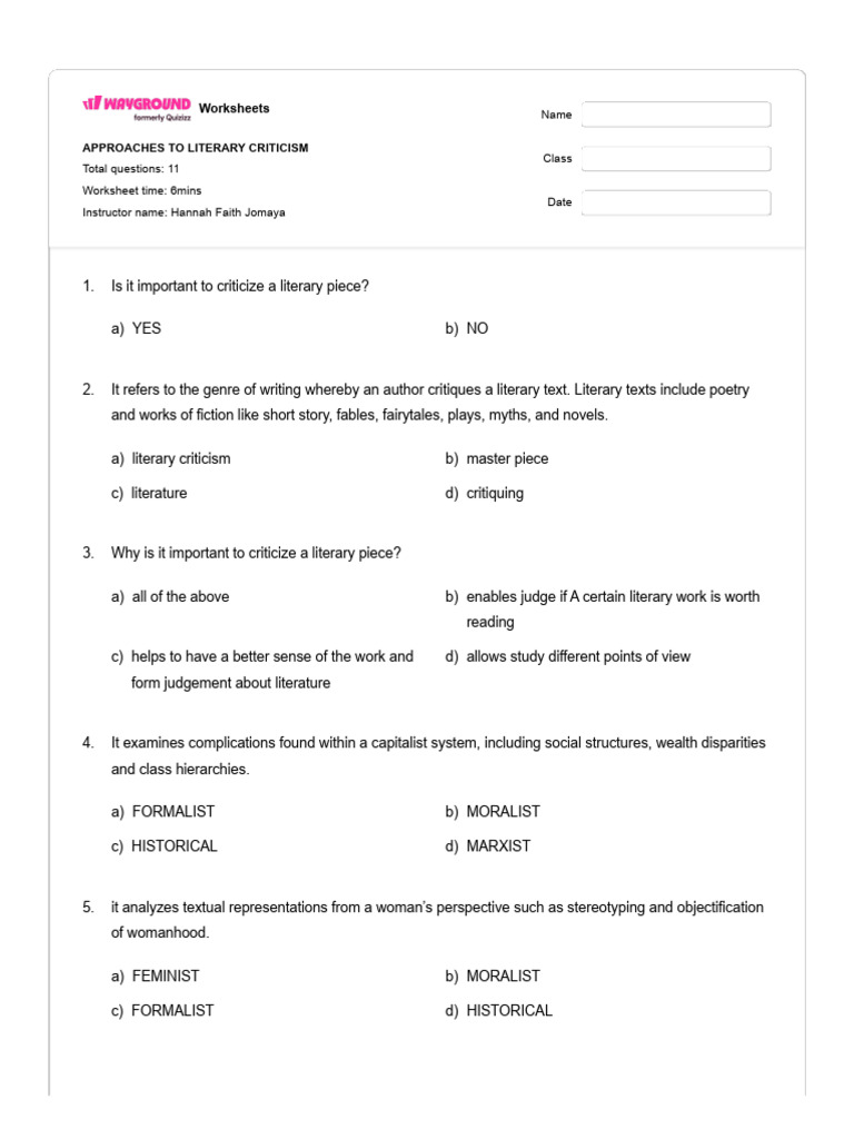 Literary Criticism Worksheet Guide | PDF | Poetry | Liberal Arts Education