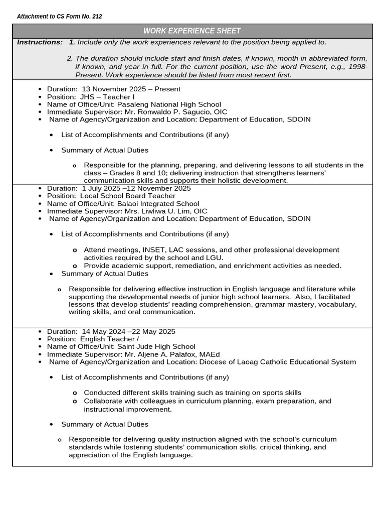 Work Experience Sheet for Teachers | PDF | Intelligence | Pedagogy