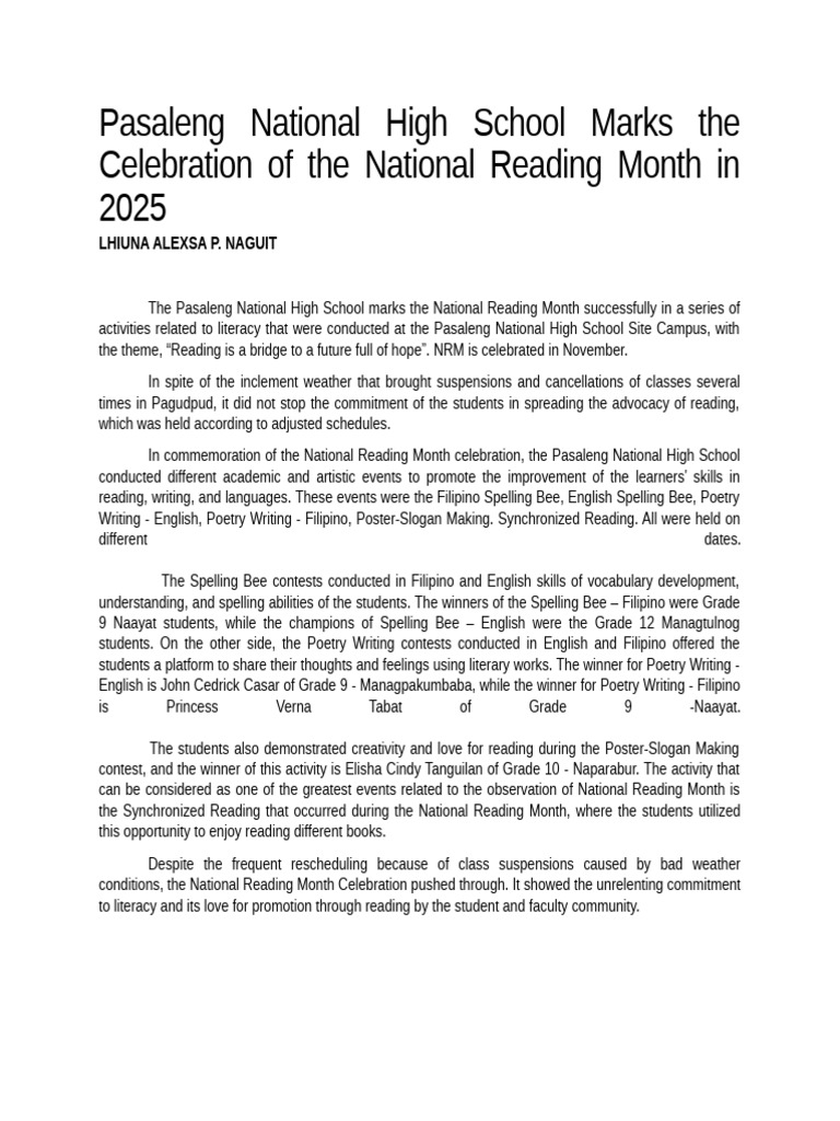 PNHS Marks the Celebration of the National Reading Month in 2025 (1) | PDF | English Language ...