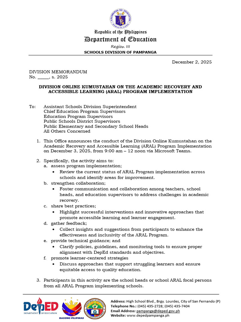 Memo ARAL Online Kumustahan Unsigned PDF | PDF | Learning