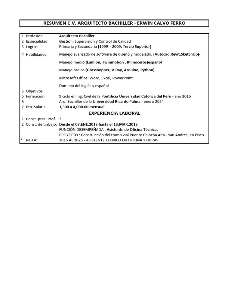 CV Erwin Calvo Ferro - Arquitecto Bachiller | PDF