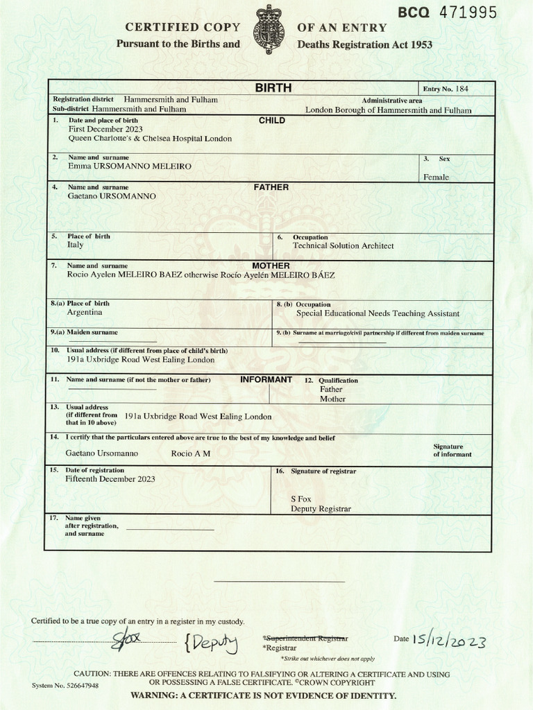 Birth Certificate Emma | PDF