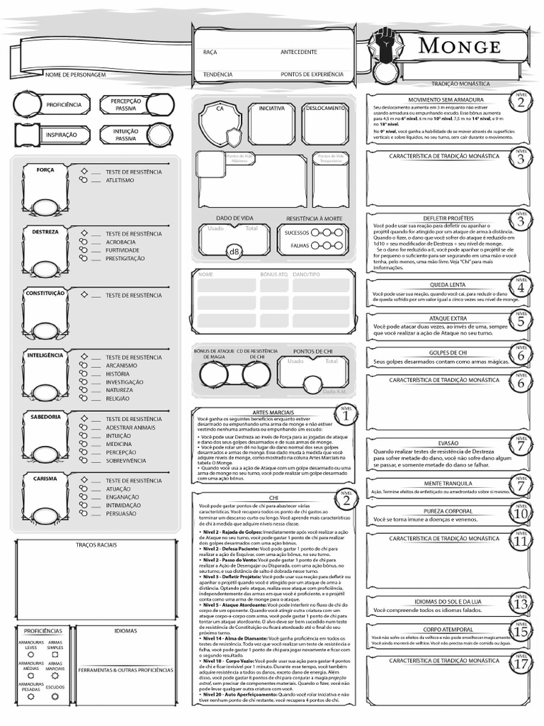 DND 5e - Ficha Monge - Base Editável - PT-BR | PDF