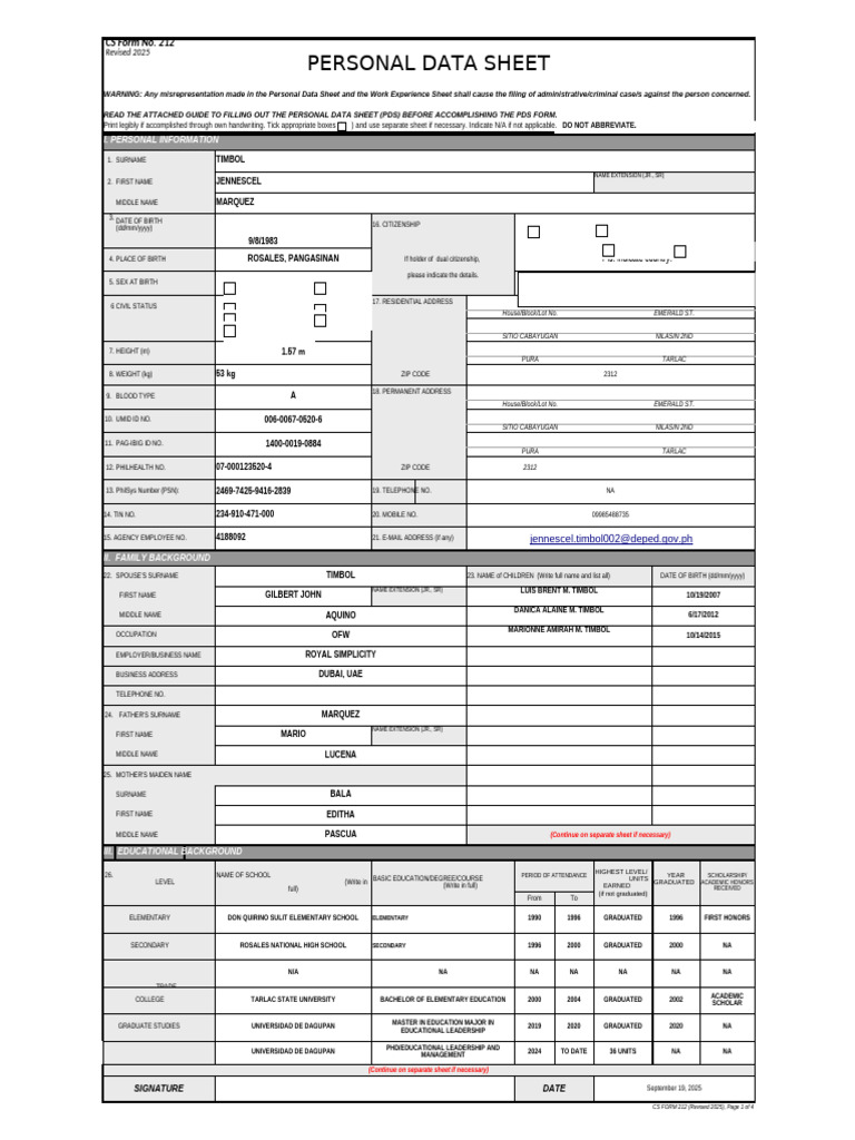 CS Form No. 212 Revised 2025 Personal Data Sheet | PDF