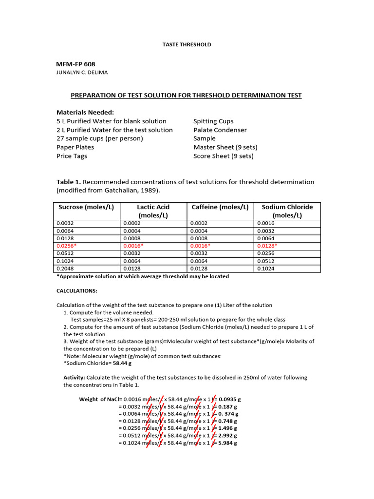 TASTE THRESHOLD - Docx LAB 4 | PDF | Taste | Mole (Unit)