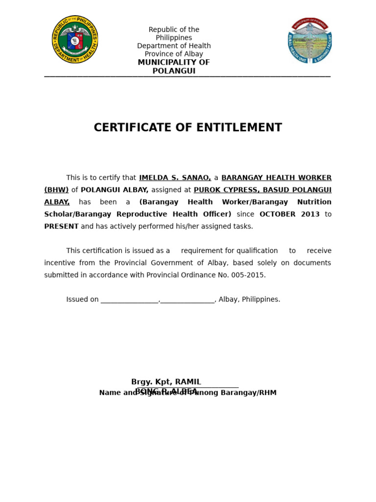 Certificate of Entitlement for BHW in Albay | PDF