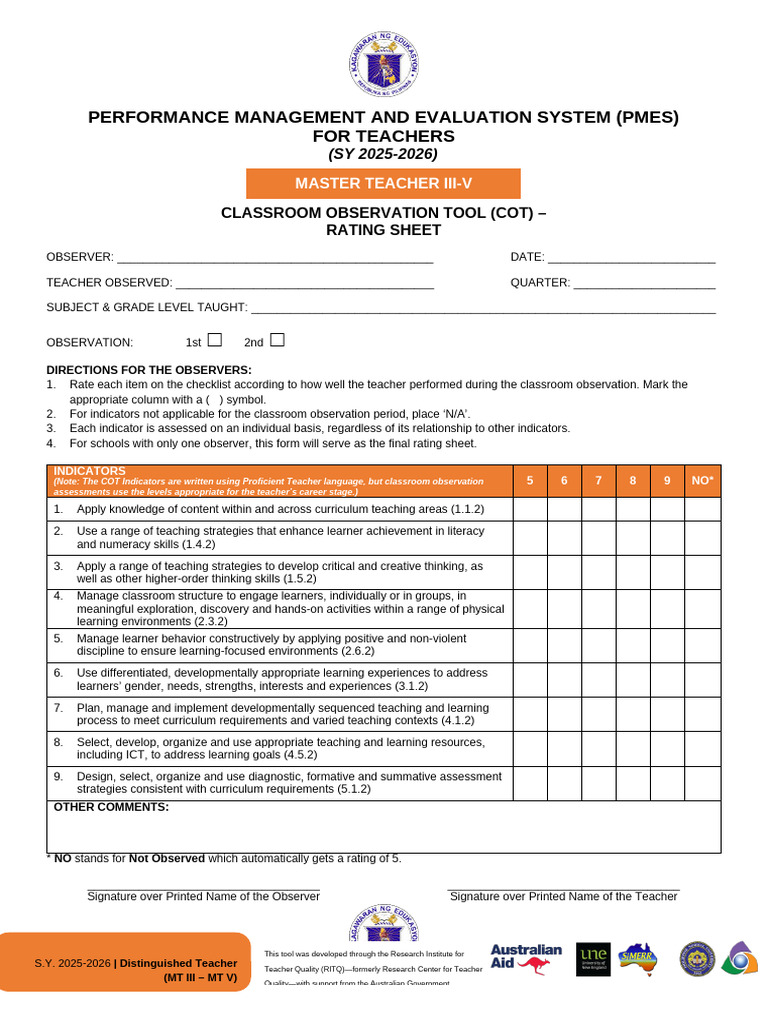 Teacher Evaluation Rating Sheet Template | PDF | Learning | Teachers