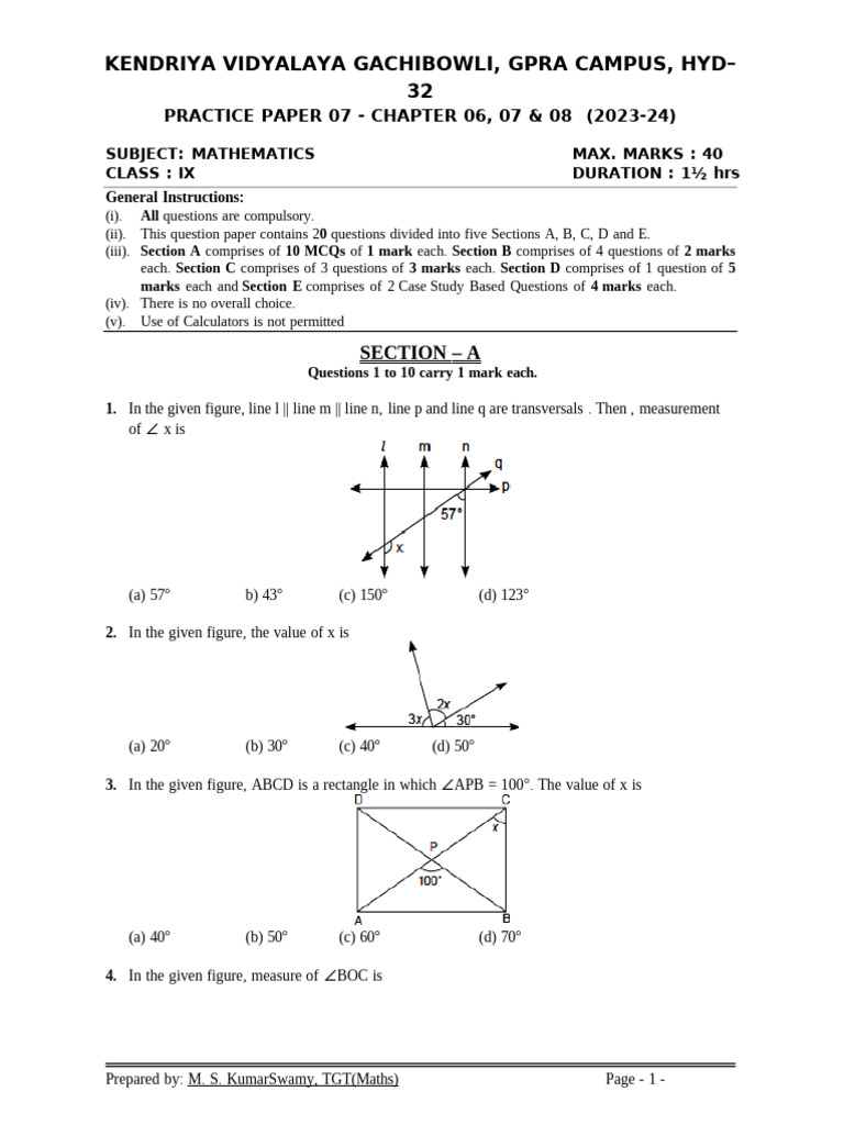 Maths Class Ix Chapter 06 07 and 08 Practice Paper 07 | PDF | Geometry | Classical Geometry