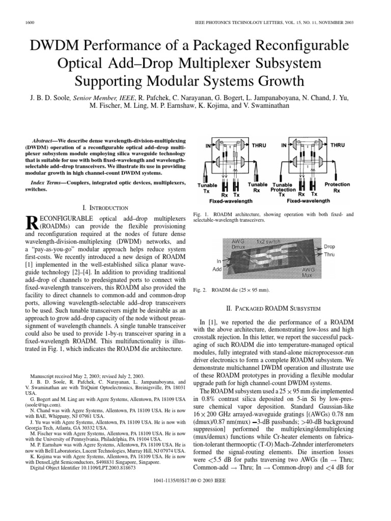 DWDM Performance of A Packaged Reconfigurable Optical Add-Drop Multiplexer Subsystem Supporting ...