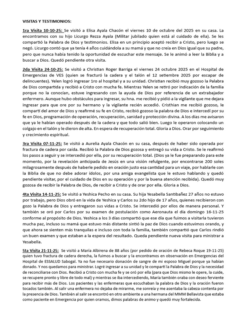Visitas y Testimonios Para La Gloria de Dios 23-11-25 | PDF | Oración