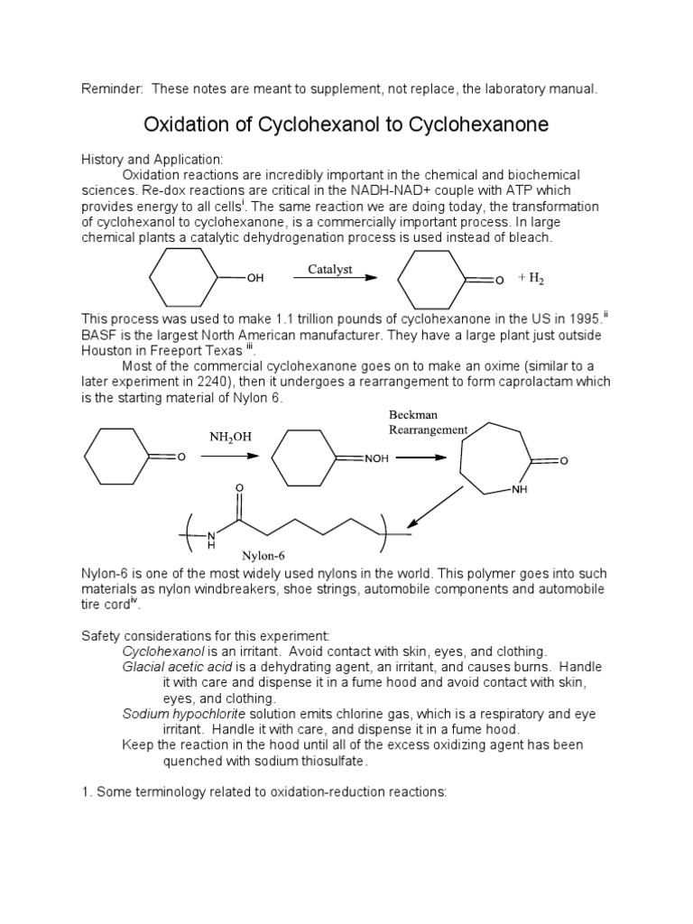 Oxidation of Cyclohexanol To Cyclohexanone | PDF | Chemical Reactions | Redox