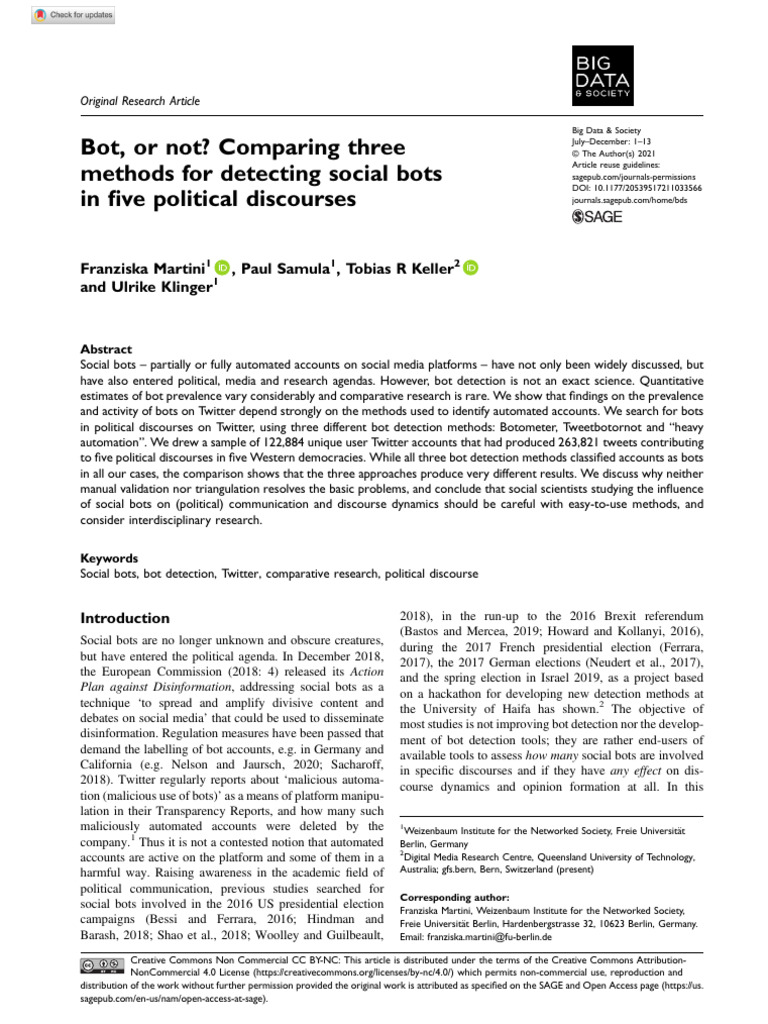 2021 Bot, or Not - Comparing Three Methods For Detecting Social Bots in ...