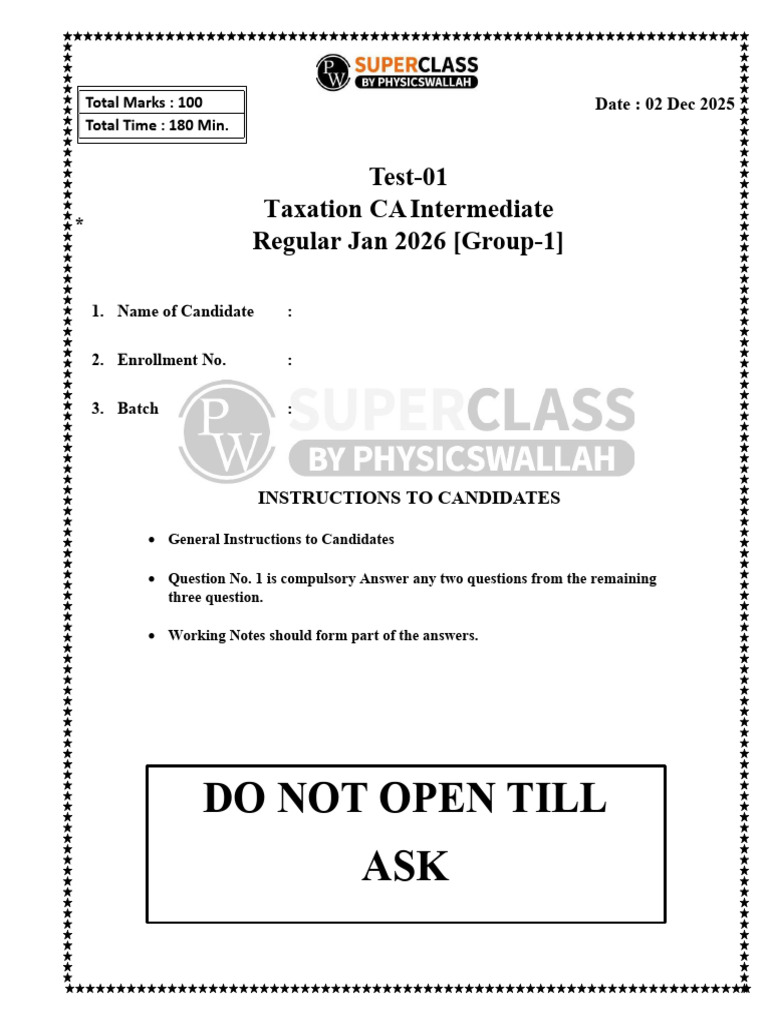 Taxation - CA Intermediate Regular Jan 2026 (Group-1) Question Paper ...