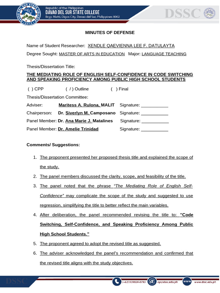 MINUTES OF OUTLINE DEFENSE- DATULAYTA | PDF | Evaluation | Thesis