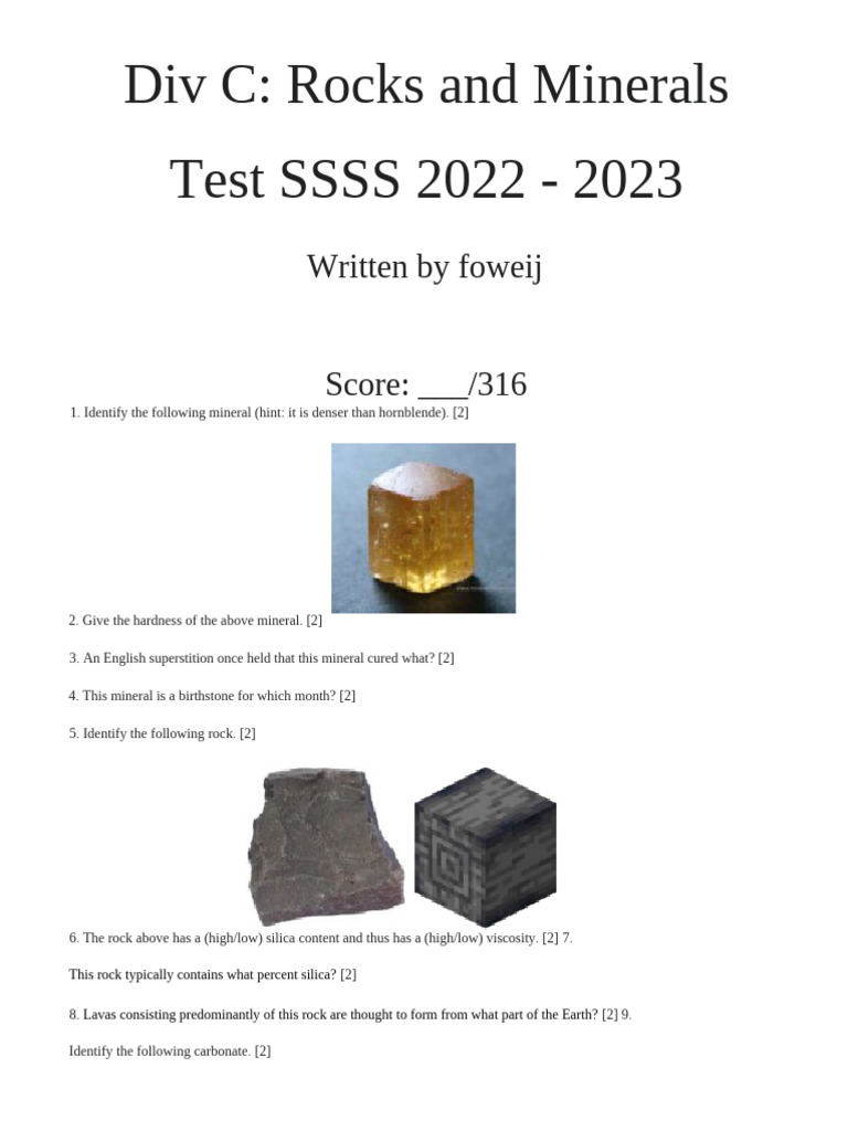 Rocks and Minerals Test Questions | PDF | Minerals | Rock (Geology)