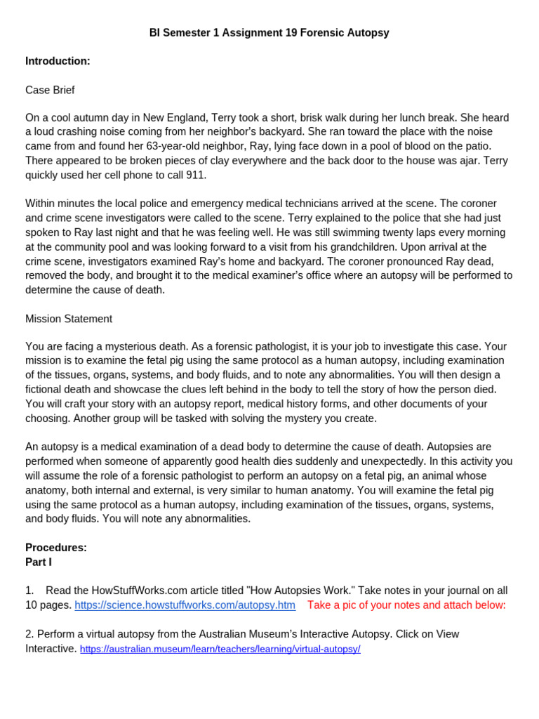 Forensic Autopsy Assignment Overview | PDF | Autopsy | Cerebrum