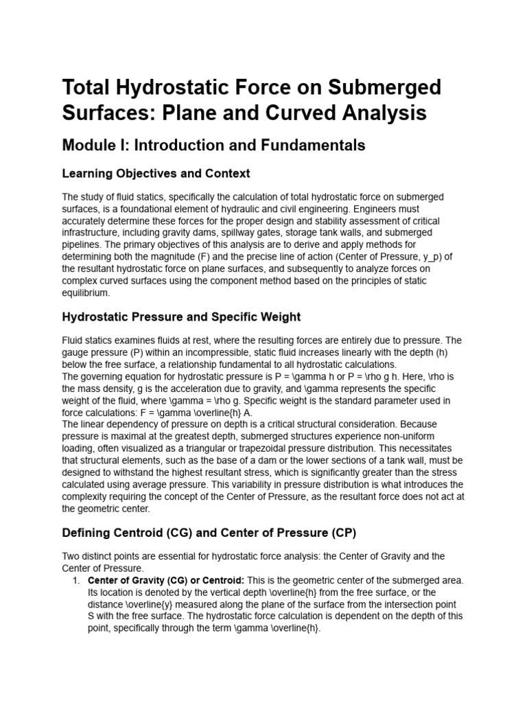 Hydrostatic Force on Submerged Surfaces | PDF | Force | Pressure