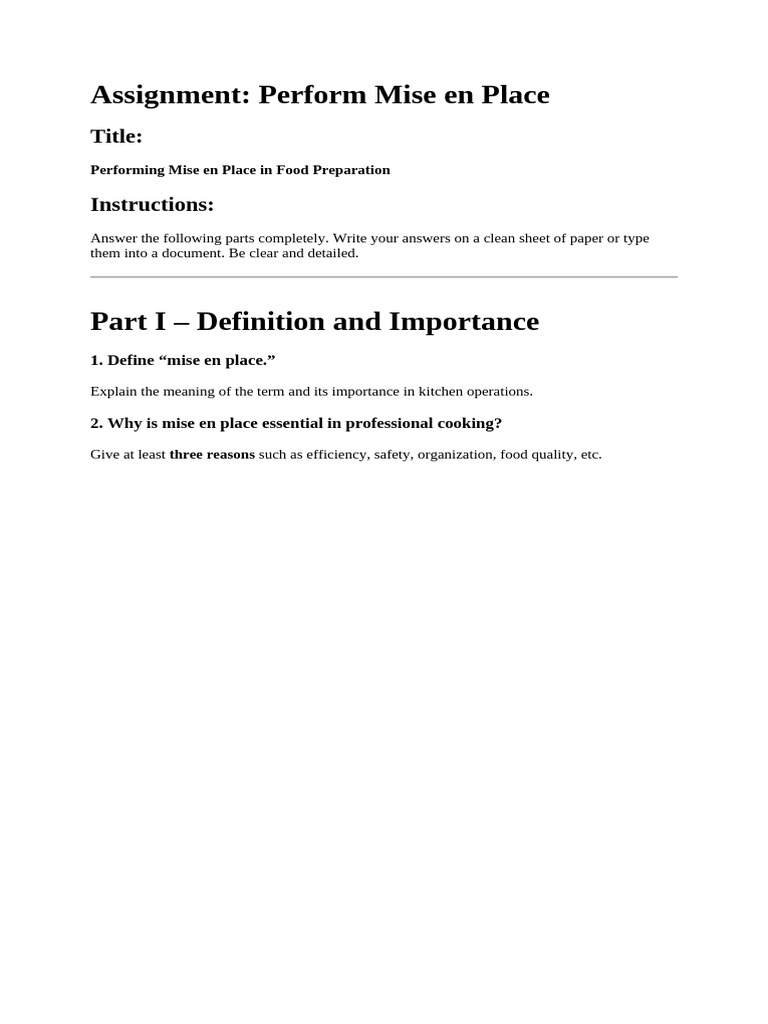 Importance of Mise en Place in Cooking | PDF