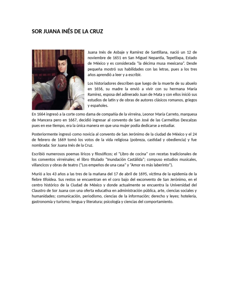 Vida y obra de Sor Juana Inés de la Cruz | PDF