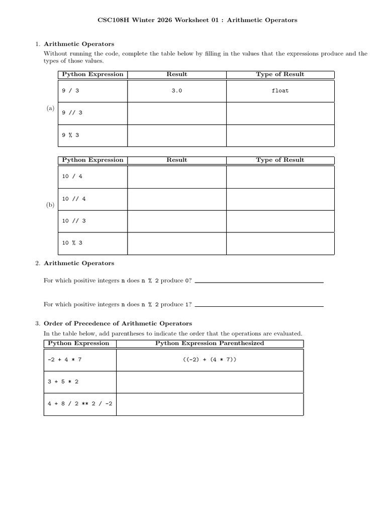 Ws01 Arithmetic Operators Worksheet | PDF