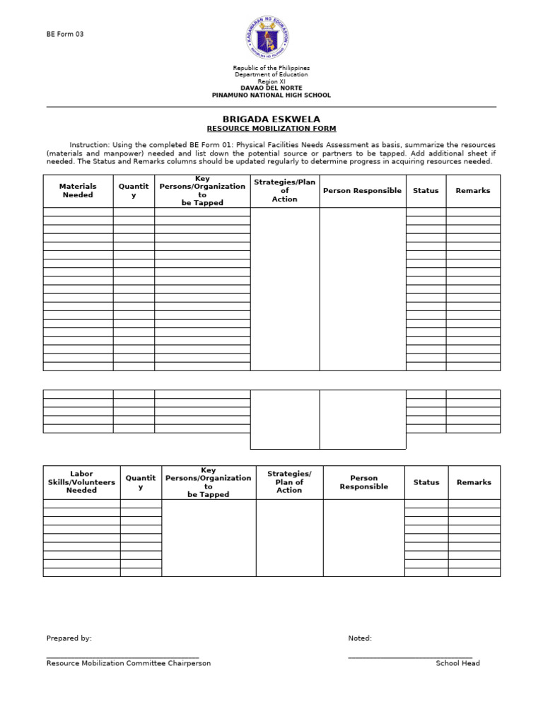 Be Form 3 - Resource Mobilization Form | PDF