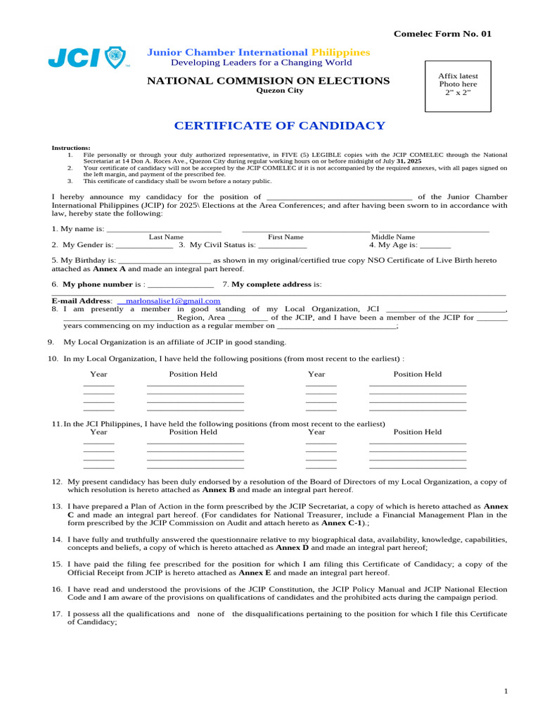 Certificate of Candidacy 2024 | PDF | Mentorship | Leadership