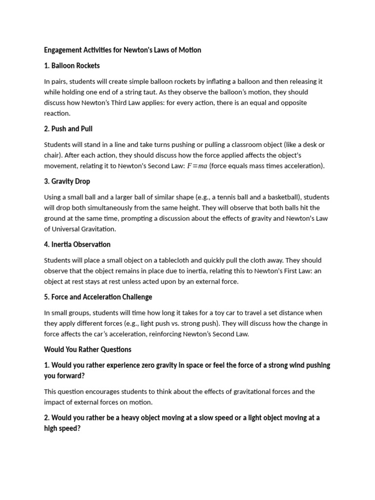 Engaging Activities for Newton's Laws | PDF | Force | Newton's Laws Of ...