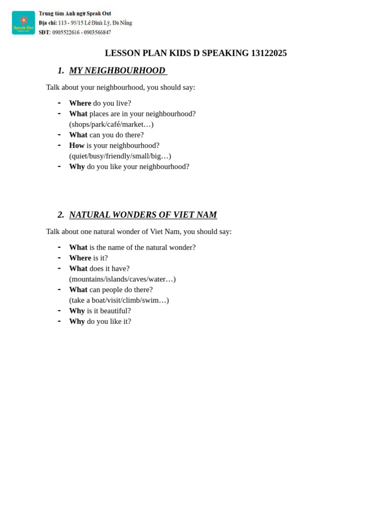 Lesson Plan Kids d Speaking 13122025 | PDF