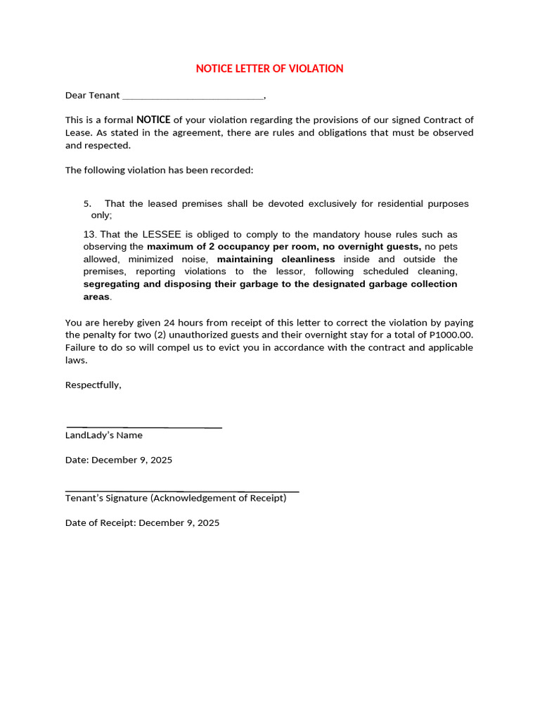 Tenant Violation Notice Letter | PDF