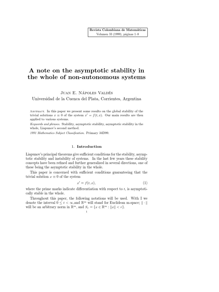 A Note On The Asymptotic Stability in The Whole of Non-Autonomous Systems | PDF | Stability ...