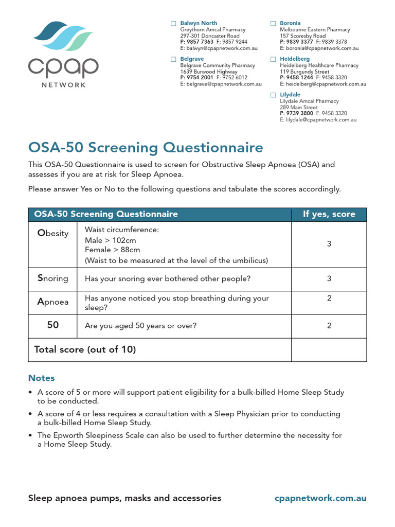 CPAP Network OSA50 Screening Questionnaire (1) | PDF | Sleep Apnea ...