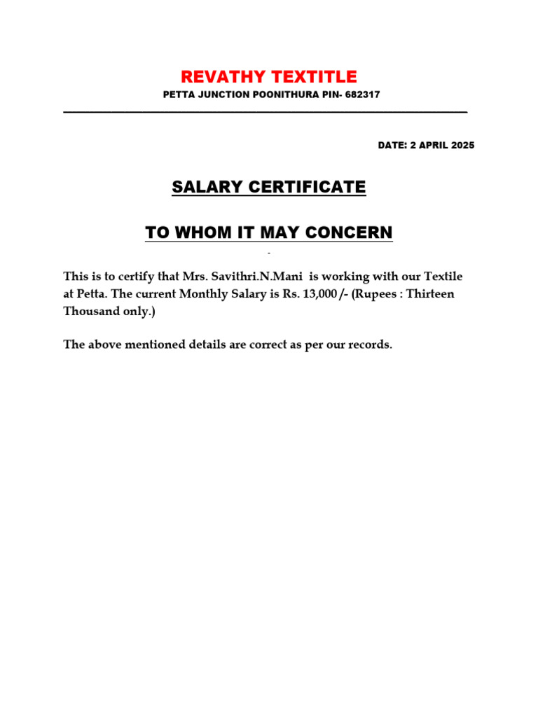 Salary Certificate for Savithri N. Mani | PDF