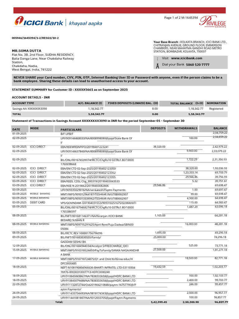 ICICI Bank Savings Account Statement September 2025 | PDF | Banks ...