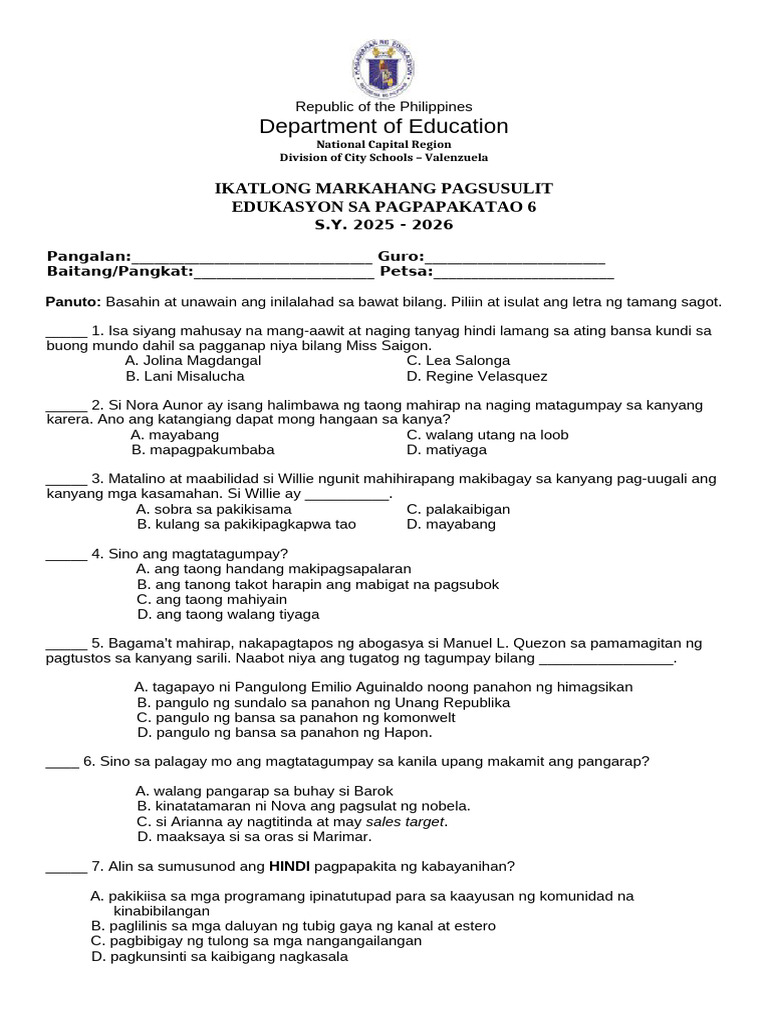 ESP - 6 - Q3 - TEST - 2025-2026 (Word File) | PDF
