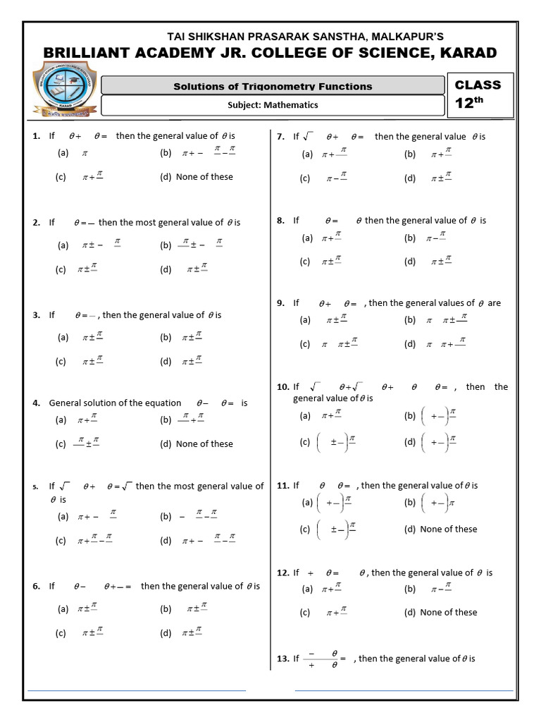 Trigonometric Equations Solutions Guide | PDF | Trigonometric Functions ...
