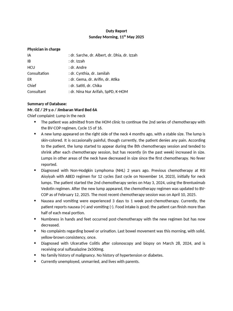 Duty Report: Patient Mr. OZ's Case Summary | PDF | Lymphoma | Colonoscopy