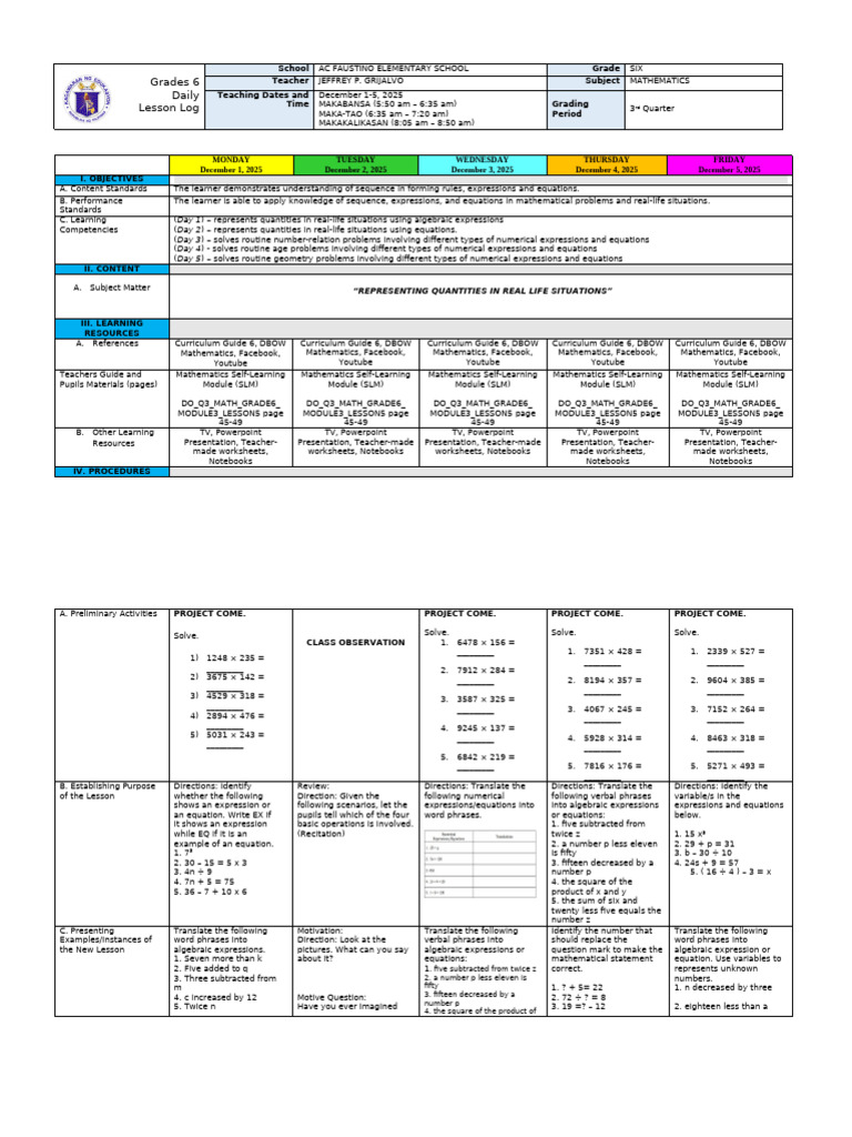 Grade 6 Math Lesson Plan: Expressions & Equations | PDF | Equations ...