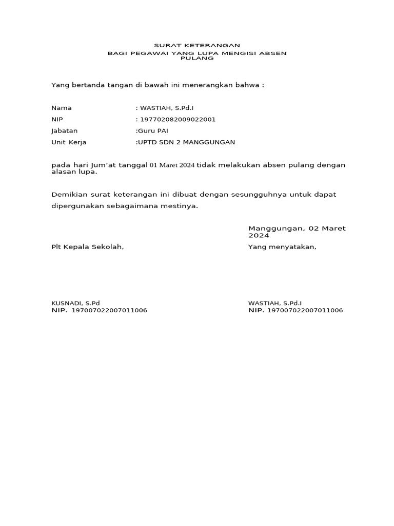 Surat Keterangan Lupa Absen Pulang | PDF