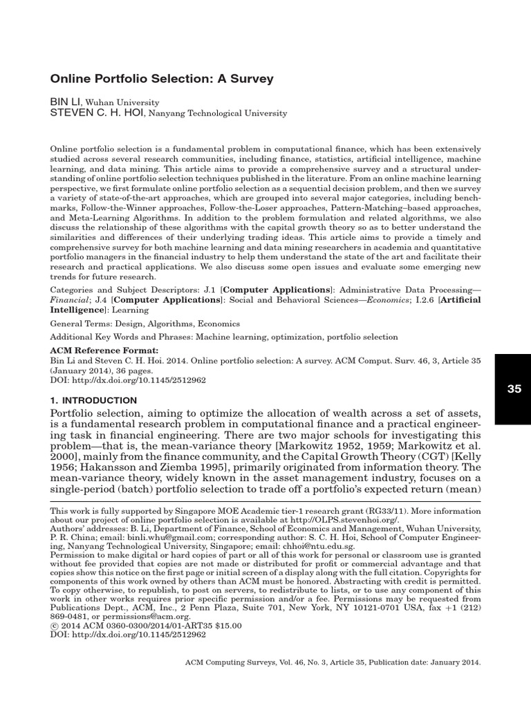 Li 14 综述 Online Portfolio Selection | PDF | Machine Learning ...