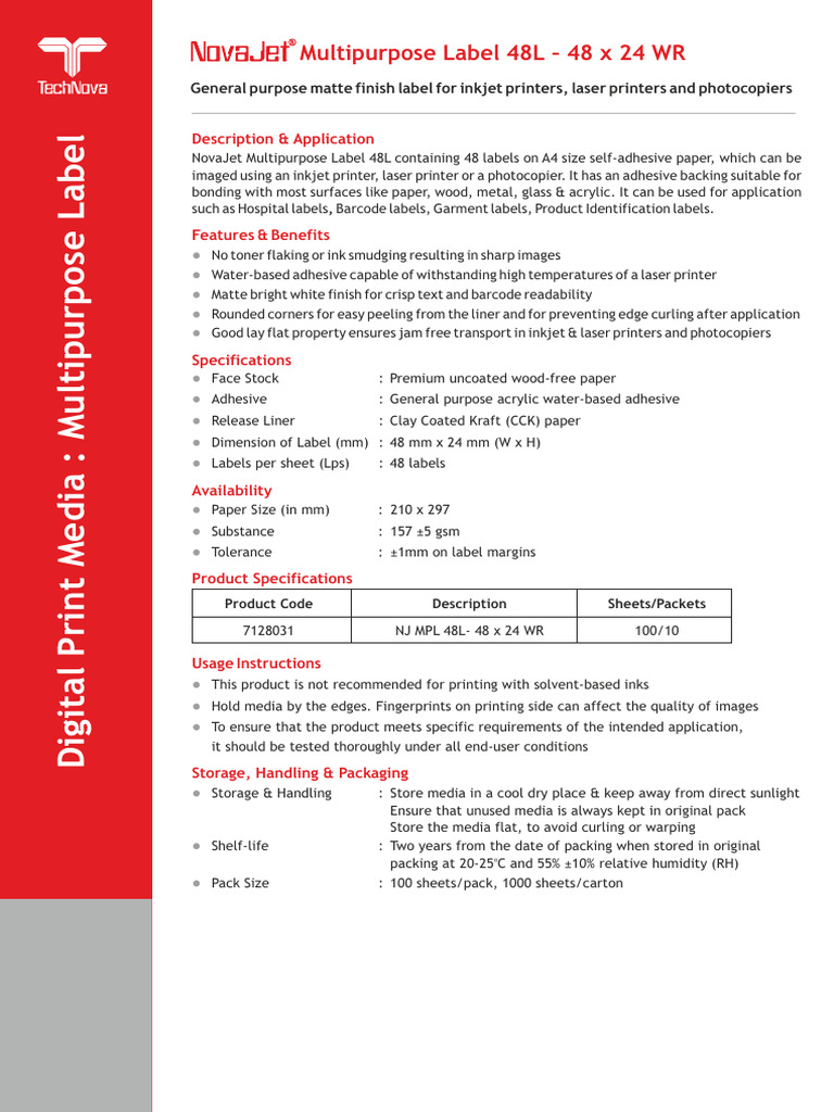 NovaJet 48L Multipurpose Labels Overview | PDF | Printer (Computing ...
