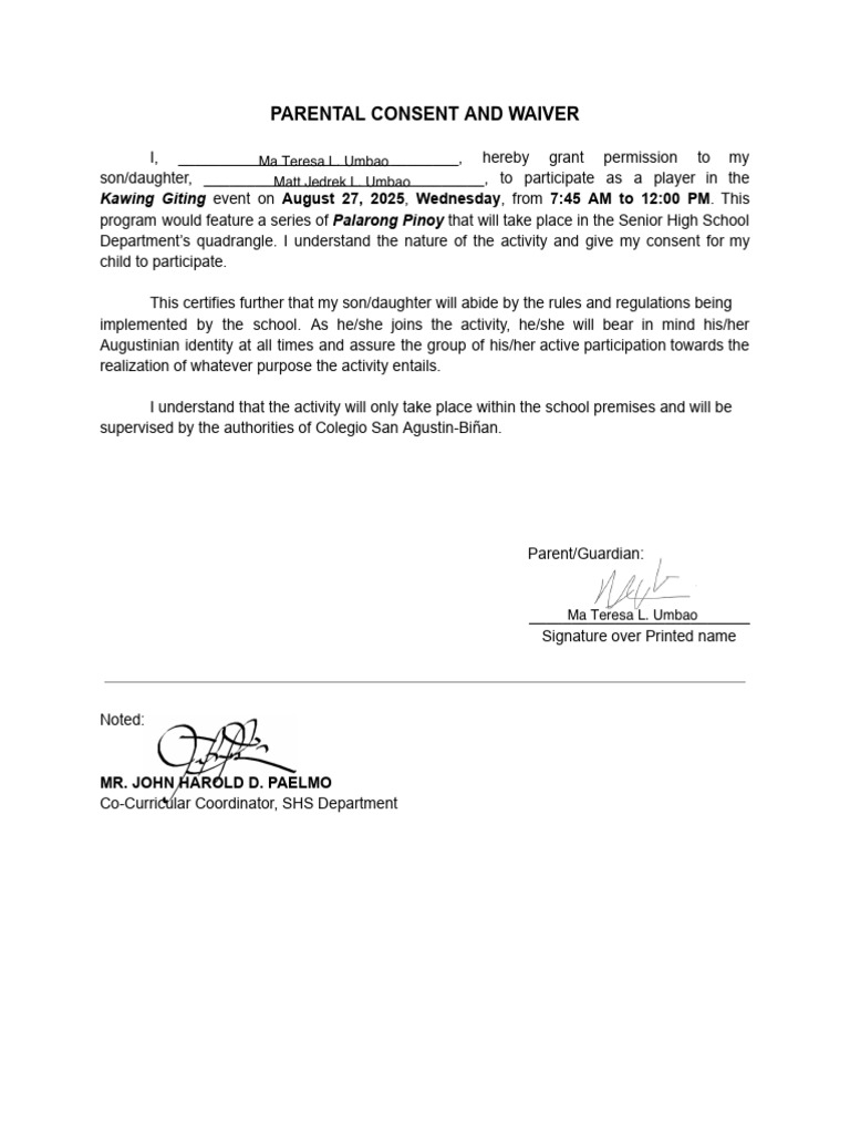 Parental Consent for Kawing Giting Event | PDF