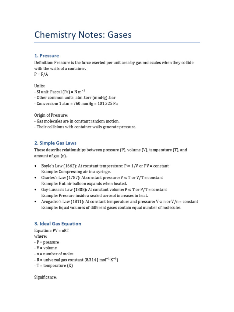 Chemistry Gases Notes With Answers | PDF | Gases | Pressure