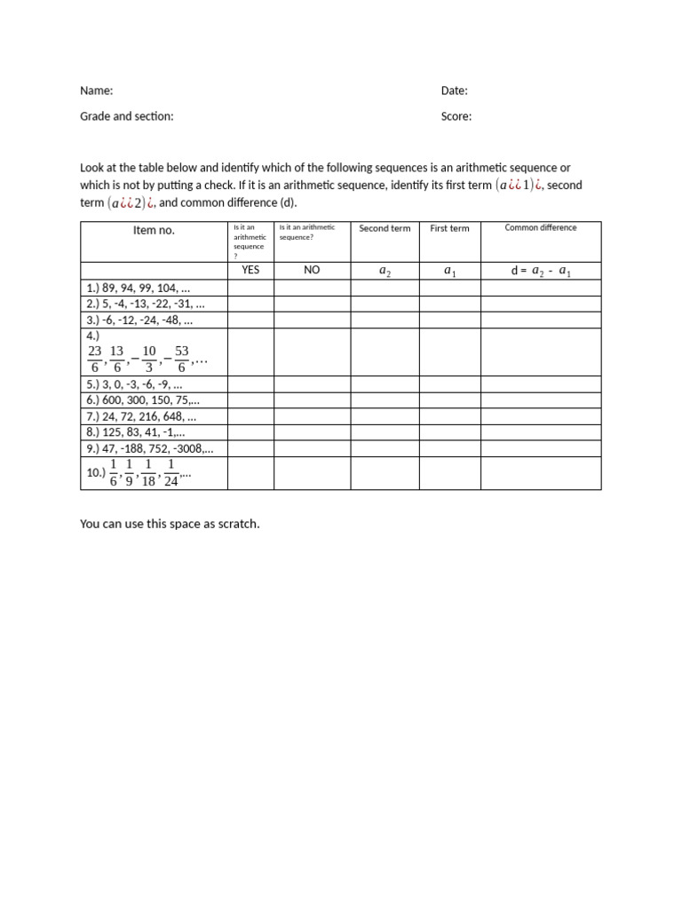 Arithmetic Sequence Quiz Draft | PDF