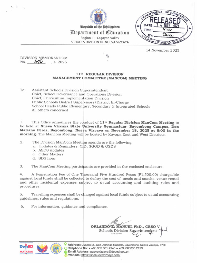 DM No. 540 S. 2025 11th Regular Division Management Committee Mancom ...