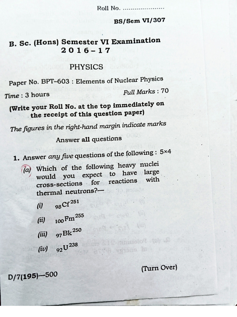 Nuclear Physics Question Paper | PDF