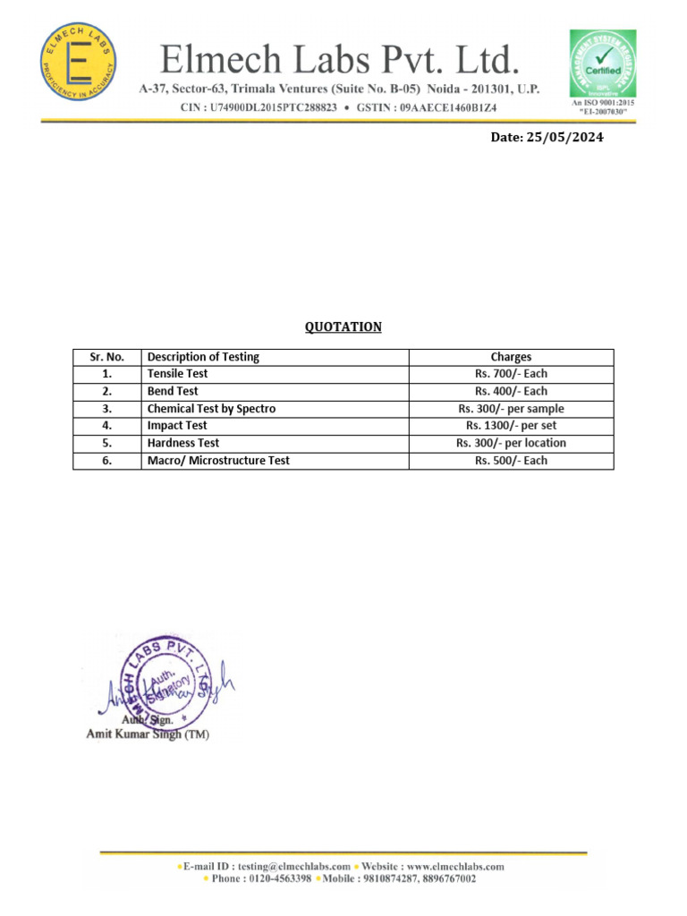 Updated Quotation for Testing Services | PDF