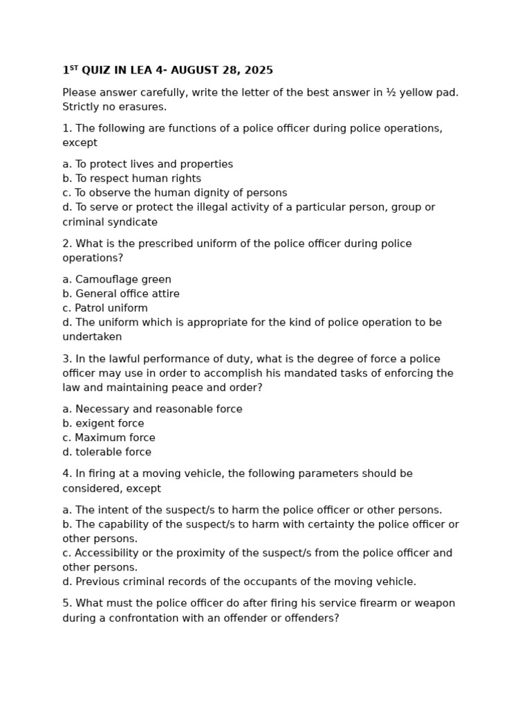 1st Quiz in LEA 4 | PDF | Police | Arrest