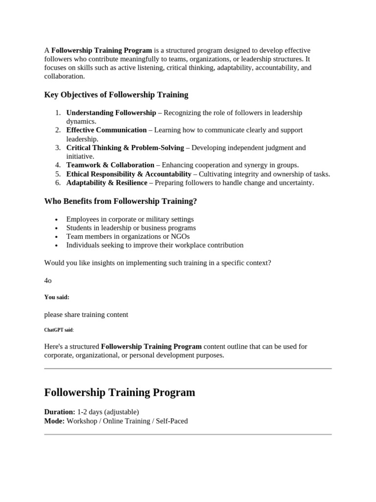 A Followership Training Program | PDF | Leadership | Critical Thinking